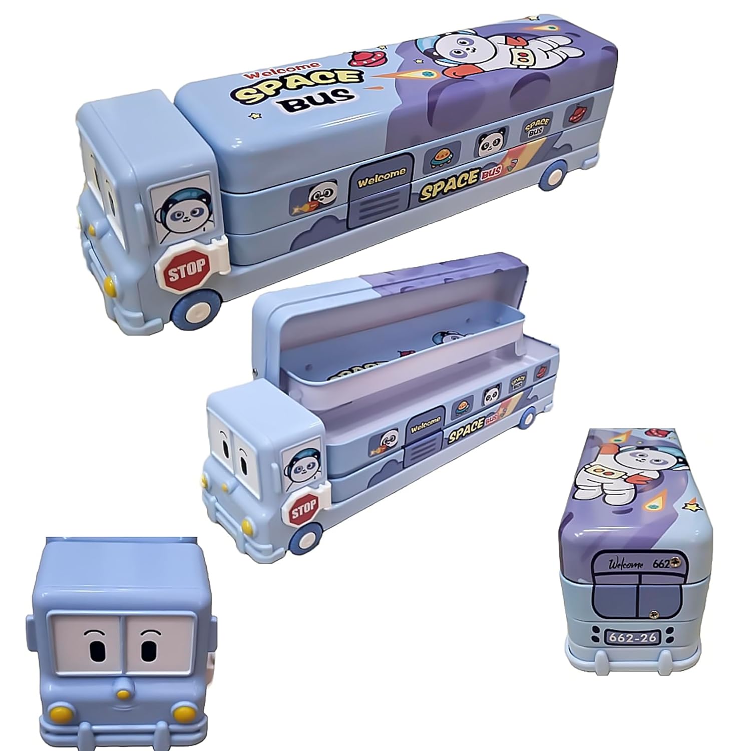 AMB School Space Blue Bus Pencil Box Boys-Compass Box with Wheel ...