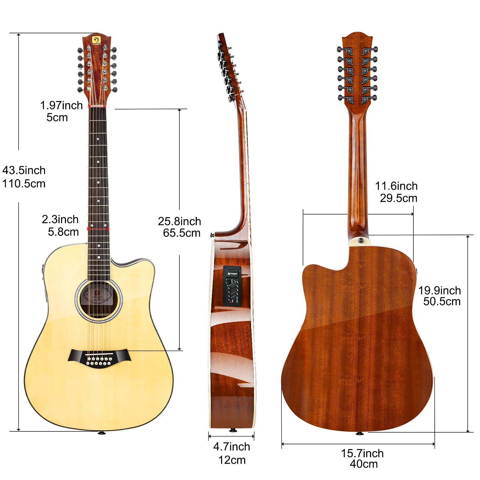 Vangoa 12 String Gutiar, Acoustic-electric Cutaway Dreadnought Guitar ...