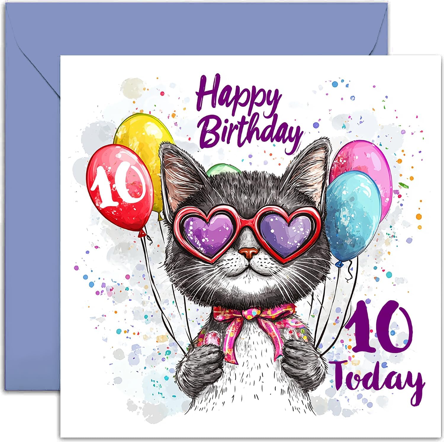 10th Birthday Card for Girl - Cool Cat With Balloons Card for 10 Year ...