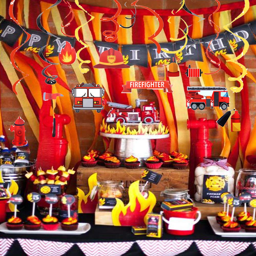 LaVenty Fire Truck Birthday Banner Fire Truck Swirl Banner for ...