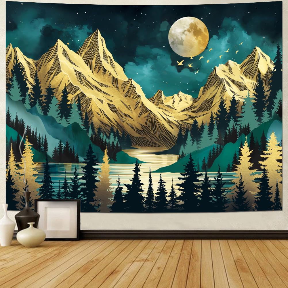 Amazon.com: Dermijer Mountain Tapestry Forest Tree Tapestries Moon Stars Nature Landscape ...