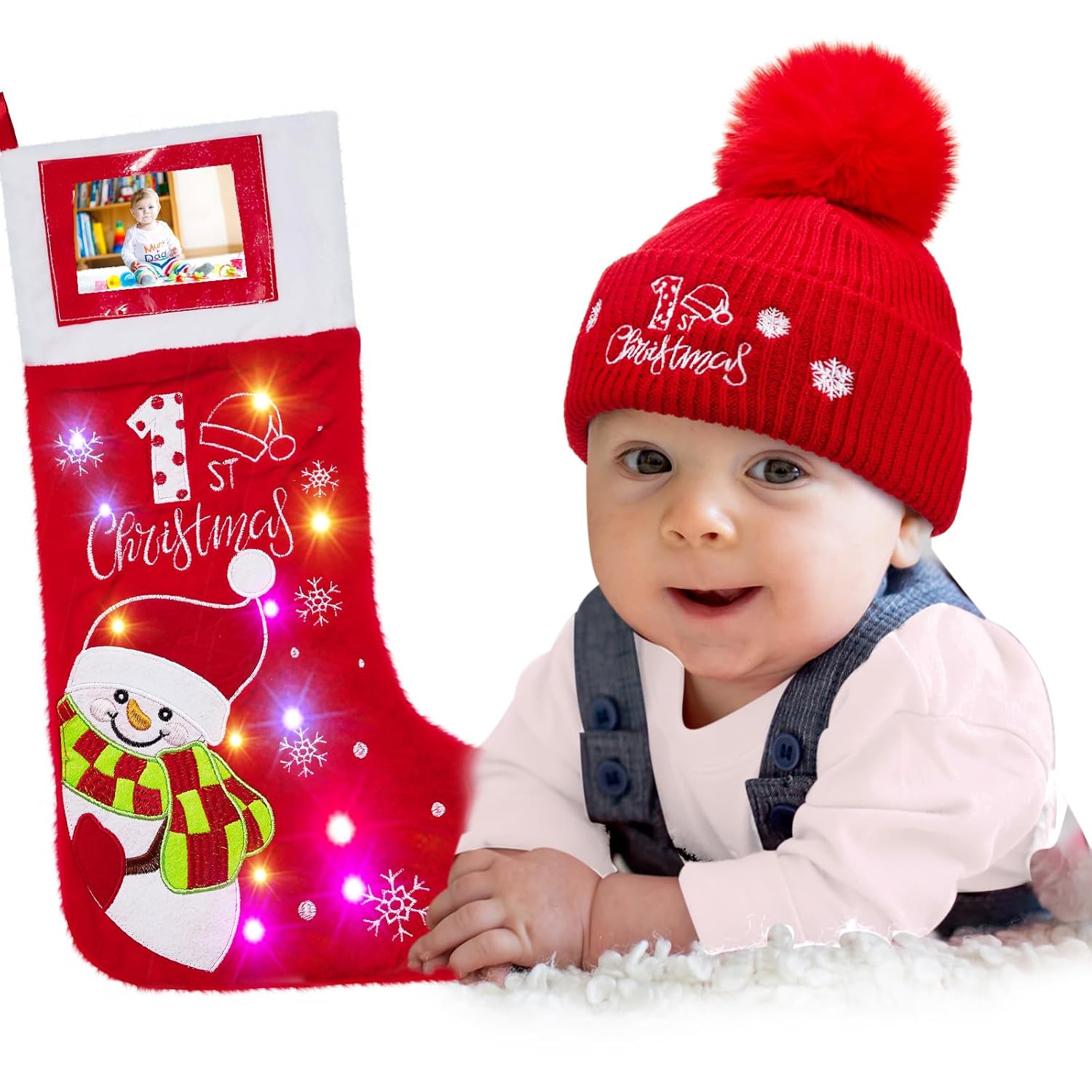 Amazon.com: Shinymoon Baby's 1st Christmas Stocking and Hat Set with ...