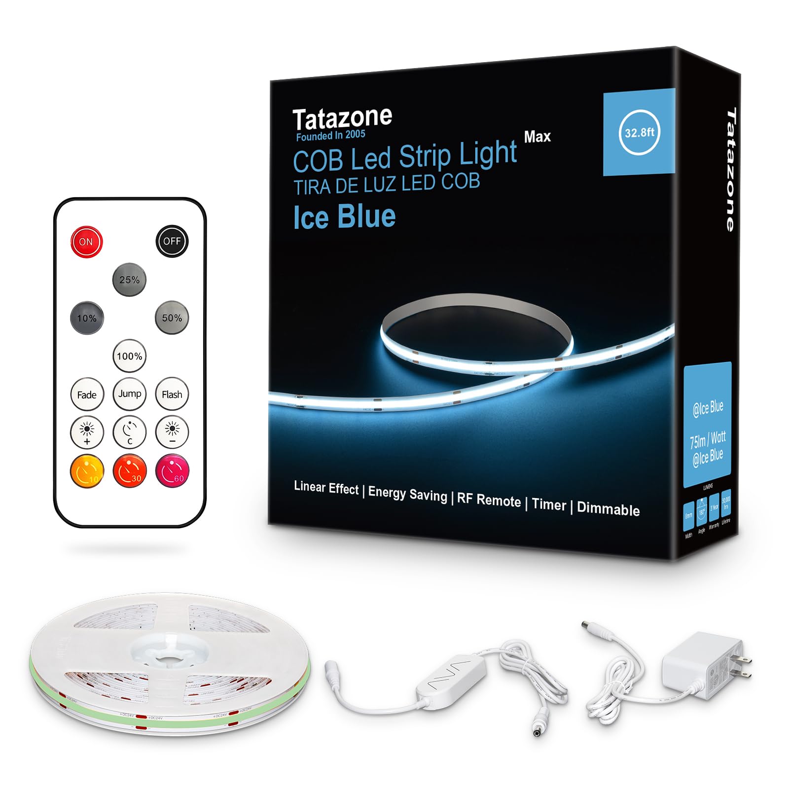 Amazon.com: Tatazone 32.8ft Ice Blue COB Led Strip Lights with RF ...
