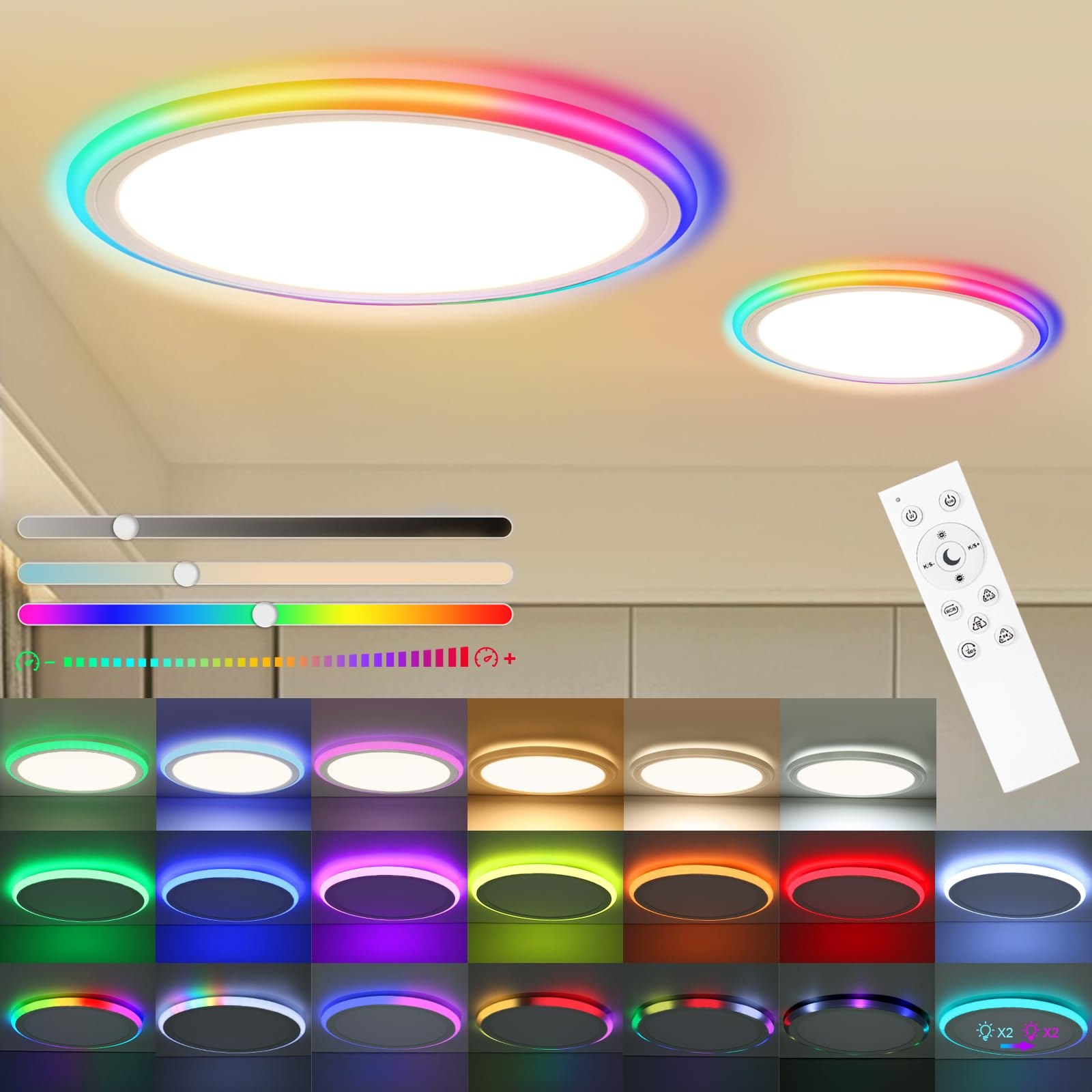 Marfete 2Pcs RGB Flush Mount LED Ceiling Light Dimmable with Remote ...