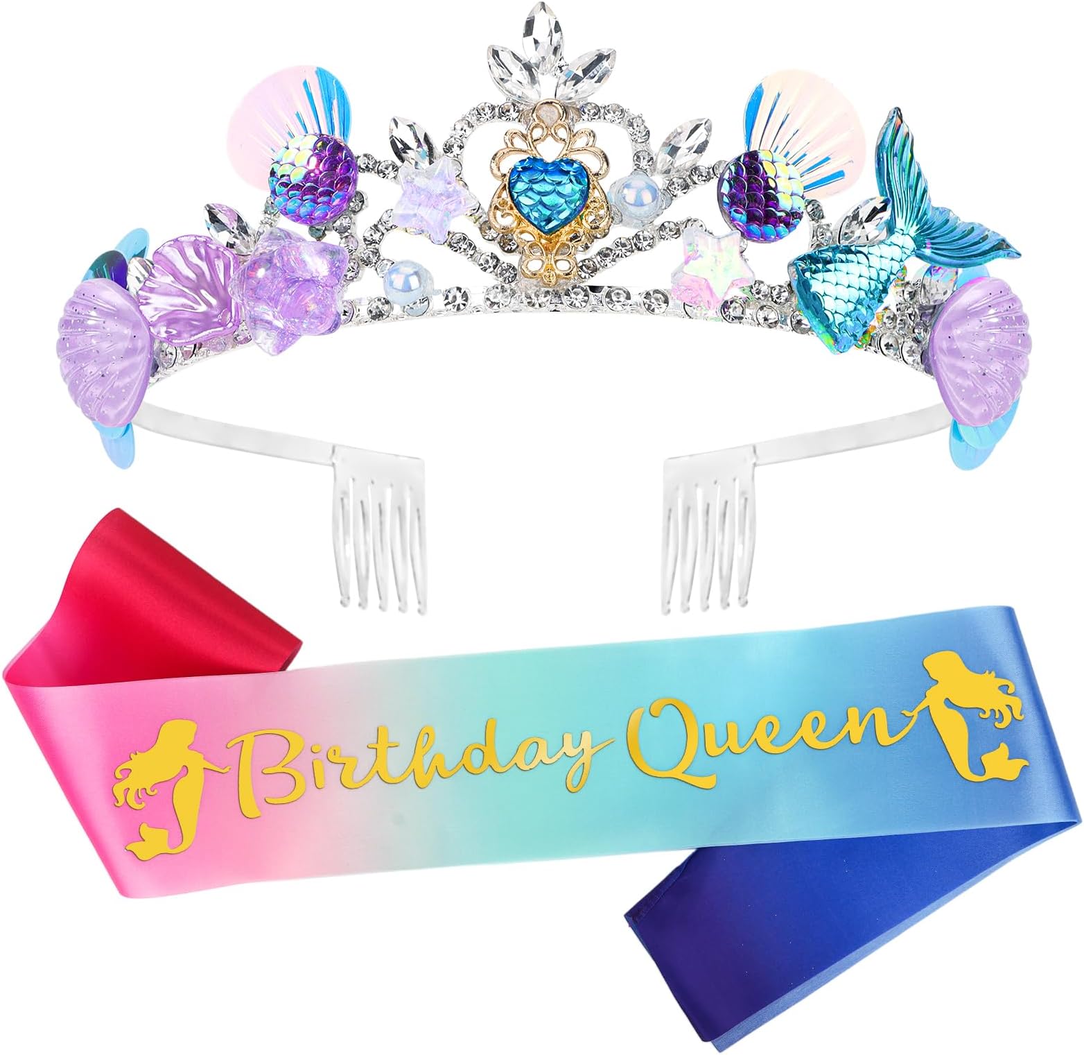 Amazon.com : YARIEW Mermaid Birthday Crown and Birthday Queen Sash ...