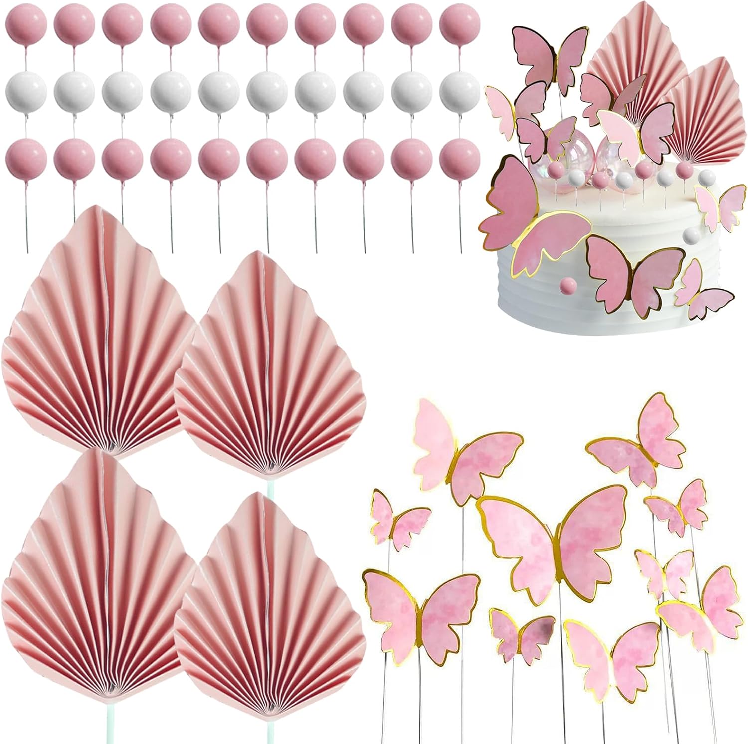 TYXHXTF 44 Pcs Paper Palm Fan Cake Decorations,Pink Palm Leaf Cake ...