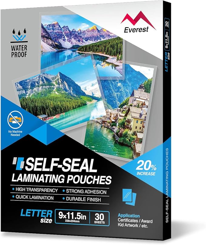 Amazon.com : Everest Self Sealing Laminating Pouches, Waterproof Lamination Pouches, Permanent ...