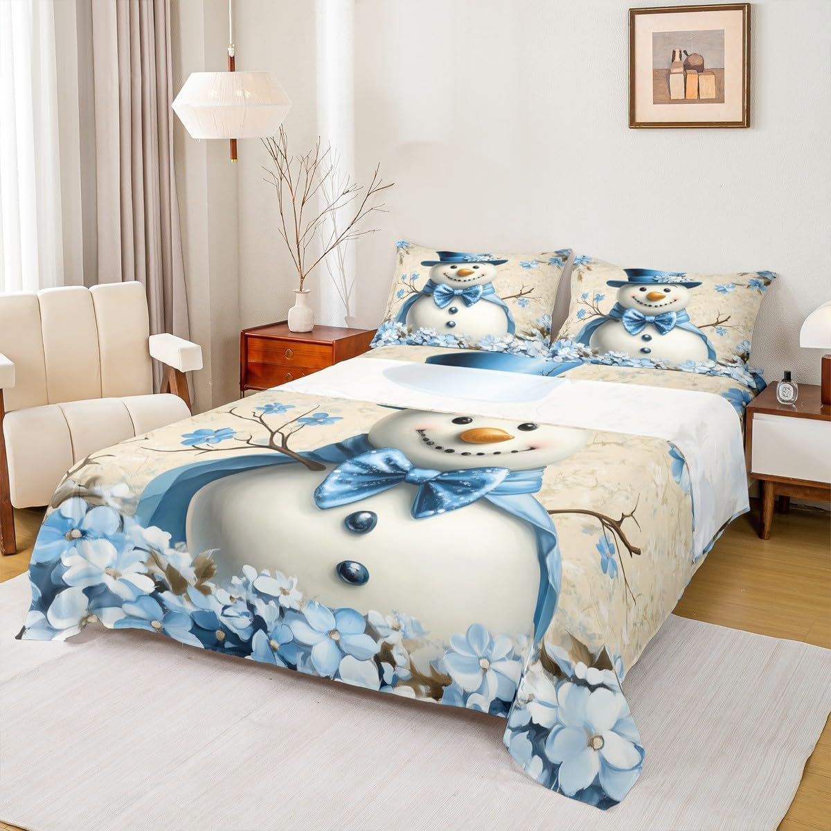 Amazon.com: Erosebridal Christmas Sheet Set Cute Cartoon Snowman Bed ...