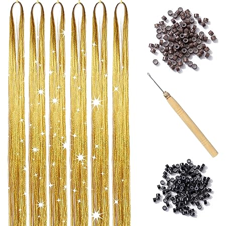 Amazon.com : Gold Hair Tinsel Kit with Tool 6pcs 1200 Strands Hair Tinsel Heat Resistant Fairy ...