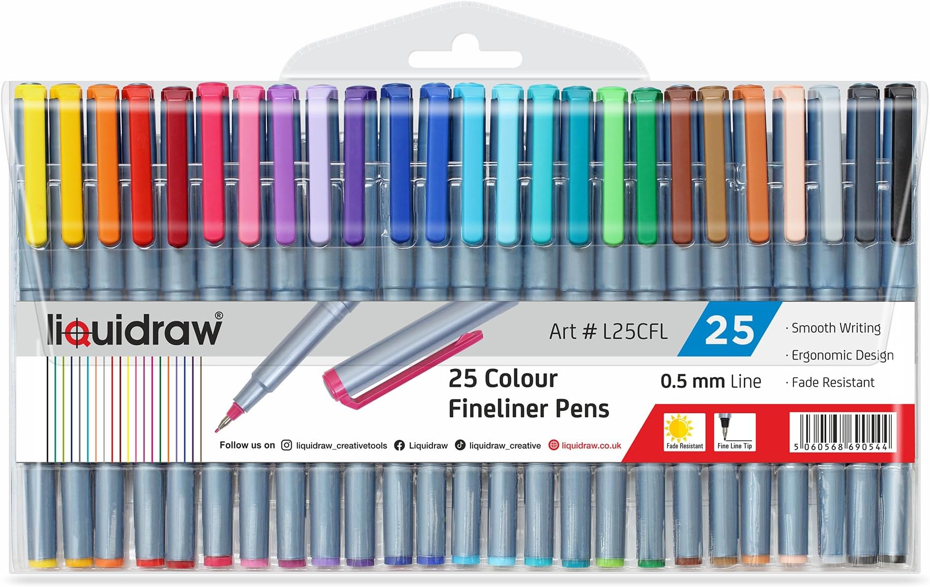 Liquidraw 25 Fineliner Pen Set, Fine Point Pens 0.5mm Assorted Colours ...