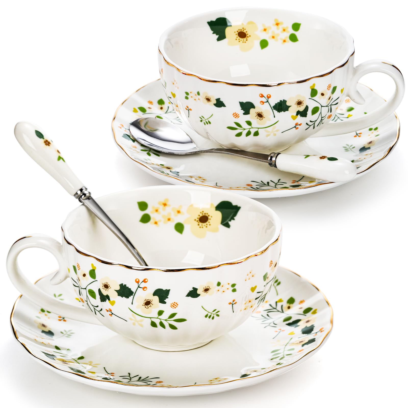 Amazon.com | Lyellfe Set of 2 Tea Cup and Saucers, 6 Oz Floral Tea Cups ...