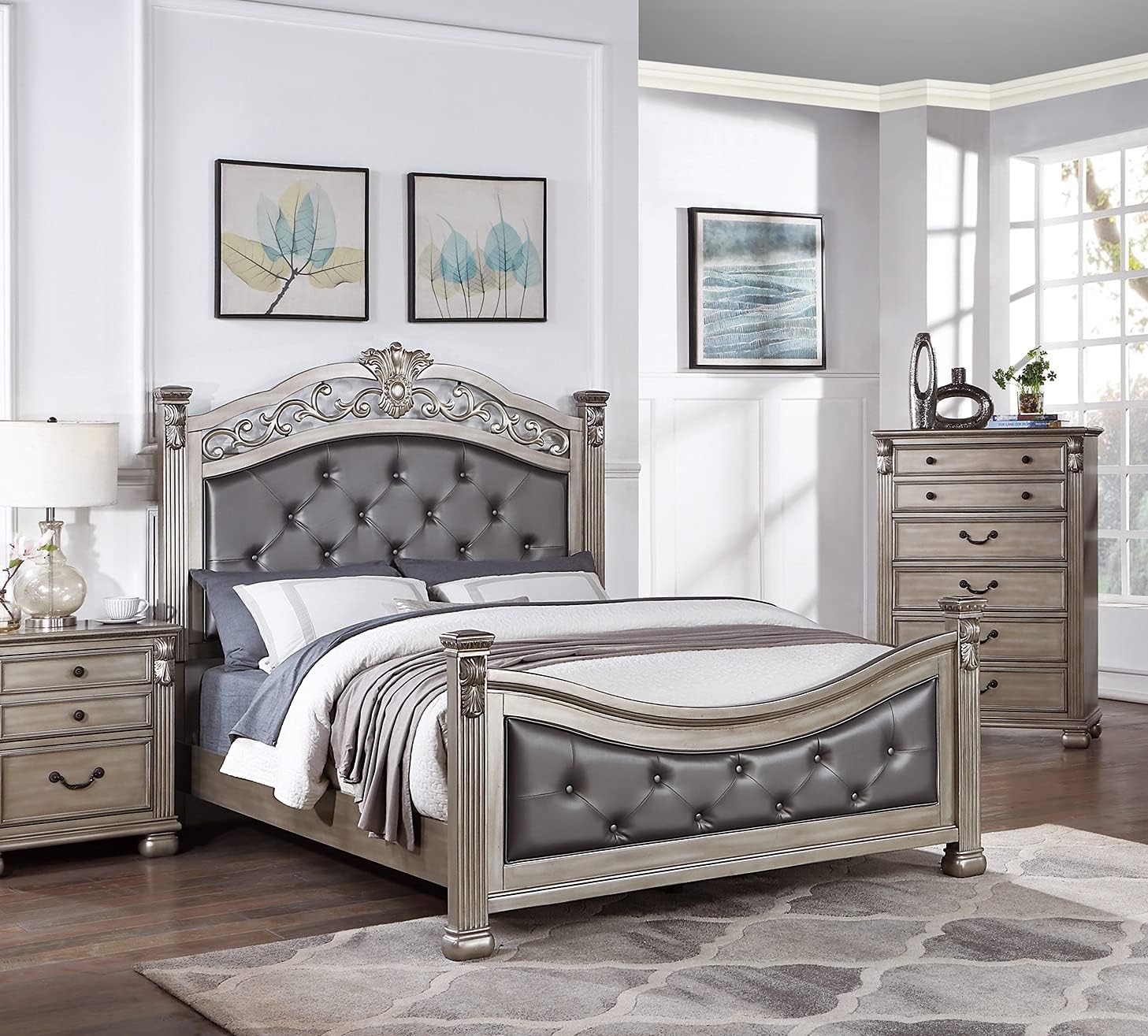 Amazon.com: California King Size Bed Antique Silver Finish Formal Look ...