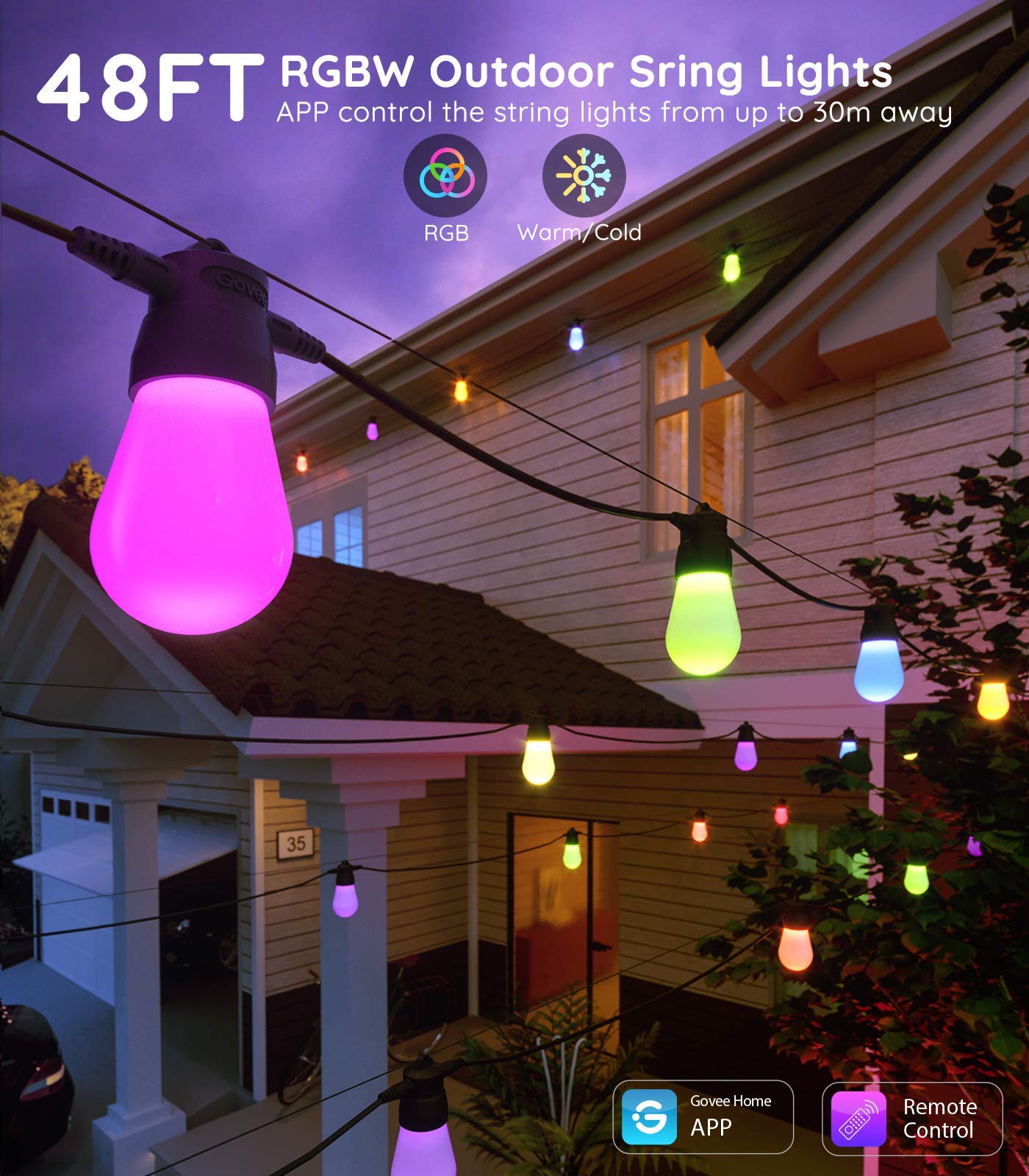 Govee Bluetooth 48ft RGBW Outdoor String Lights, Patio Lights App ...