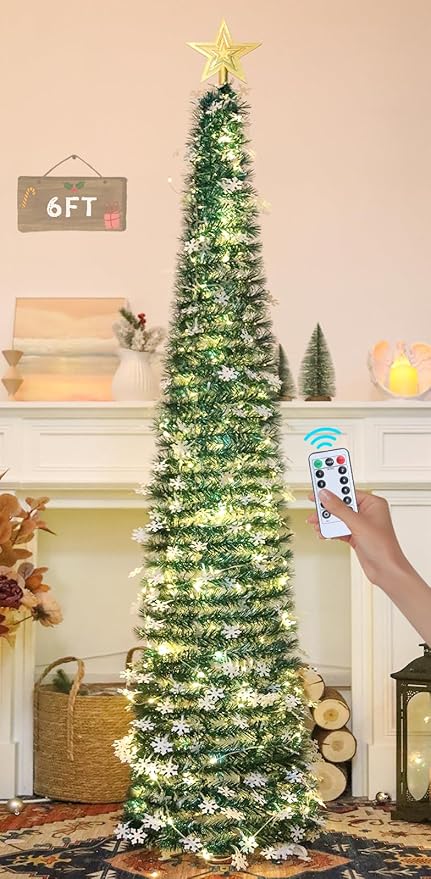 Amazon.com: HMASYO 6 FT Pop Up Tinsel Christmas Tree with 100 LED Timer ...