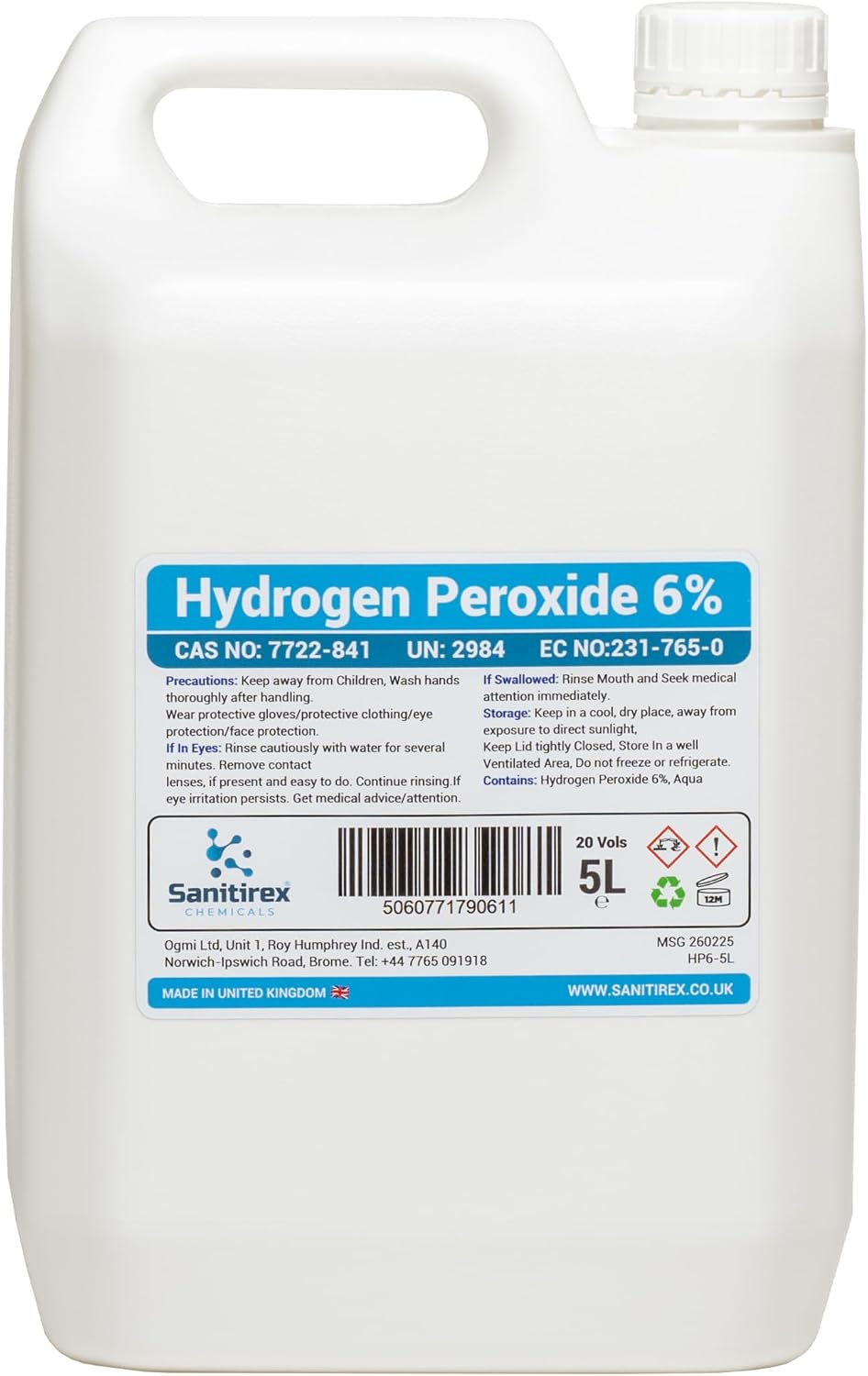 Hydrogen Peroxide 6% 20 Vols. 50ml 500ml 1L 5L Litre for Cleaning ...