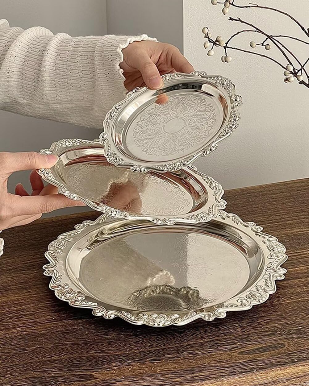 Snapklik.com : Round Decorative Tray 9.8in Metal Dessert Plates Vintage ...