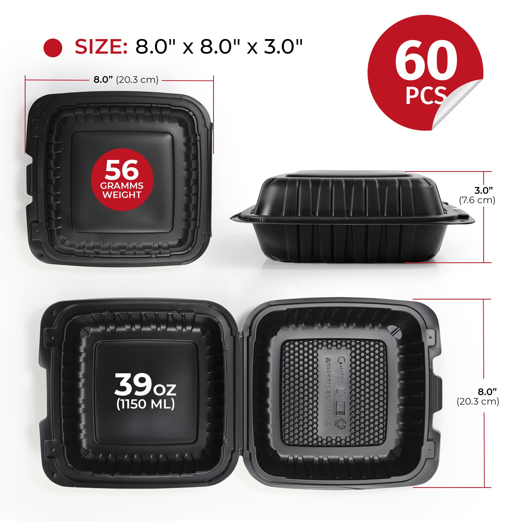 Snapklik.com : To Go Food Containers (60 Pack) 8" X 8" - 39oz Clamshell ...
