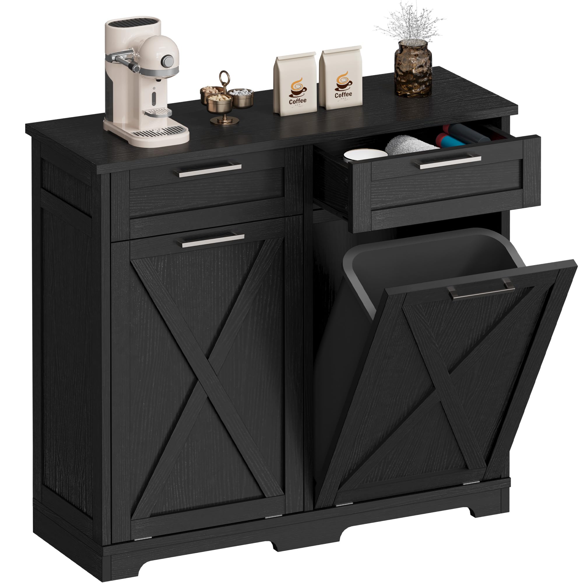 DWVO Double 10 Gallon Tilt Out Trash Bin Cabinet with 2 Drawers, Wooden ...