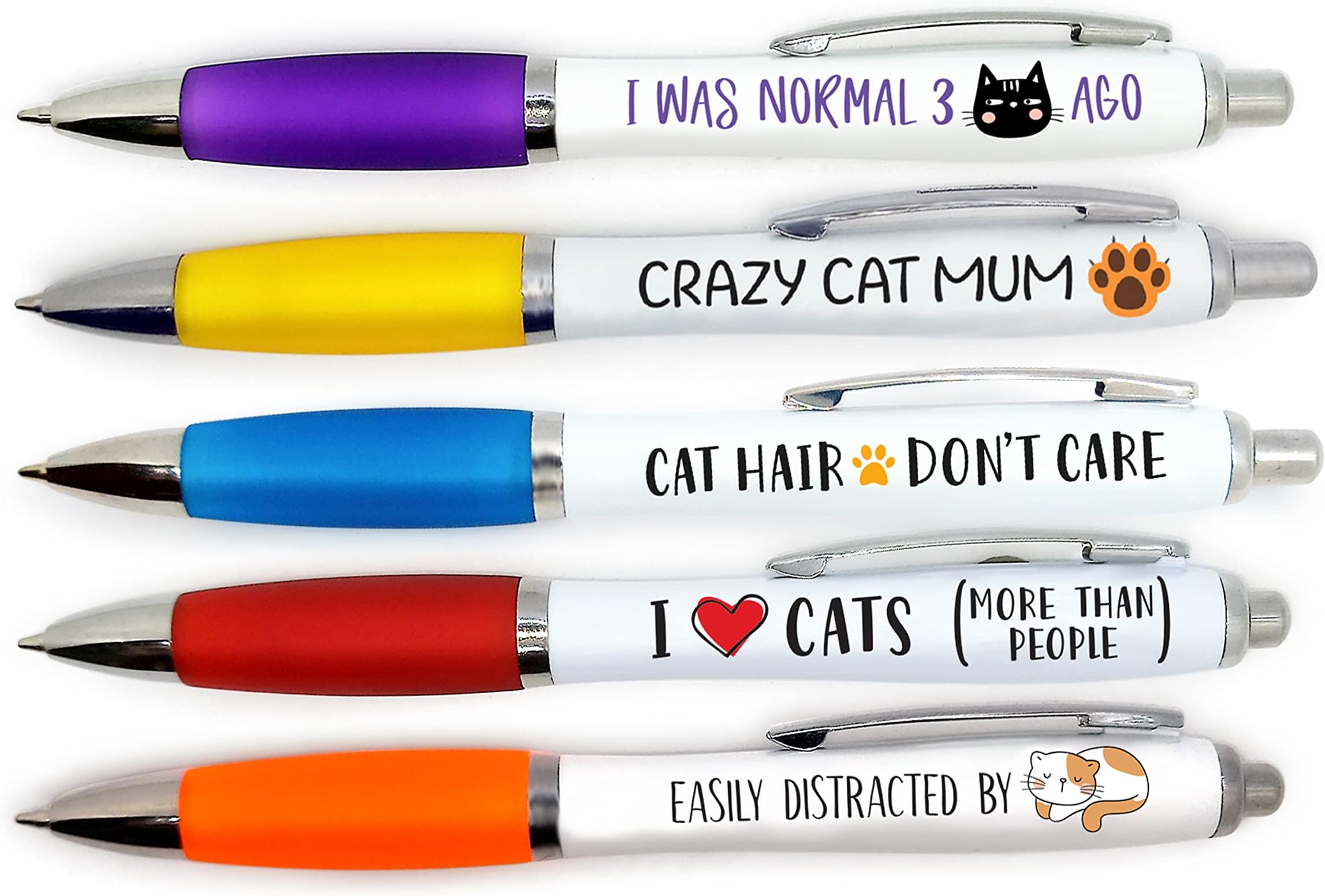(5 Pack) Funny Cat Pens - Red, Yellow, Blue, Orange & Purple Grips with ...