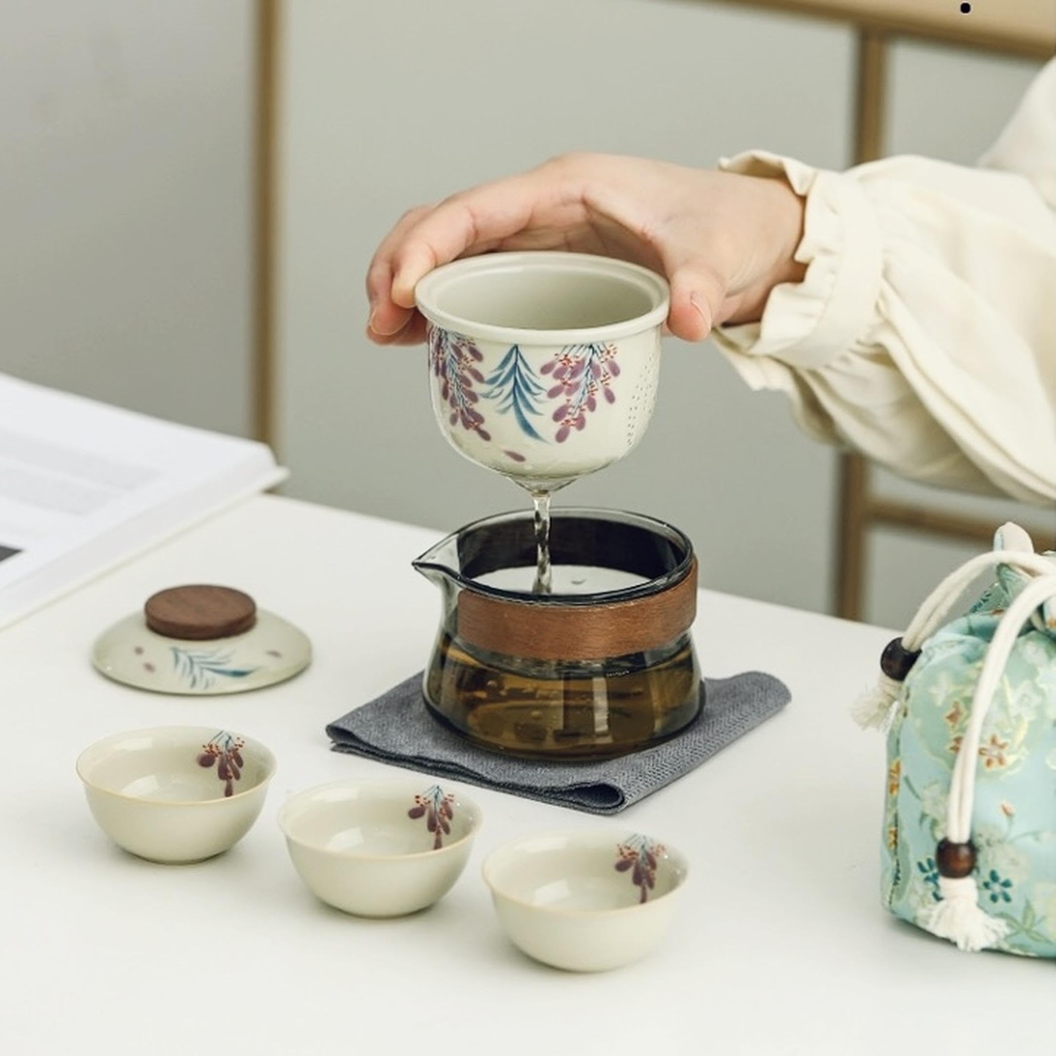 Amazon.com | Floral-themed Portable Tea Set, 1 Ceramic Teapot and 3 ...