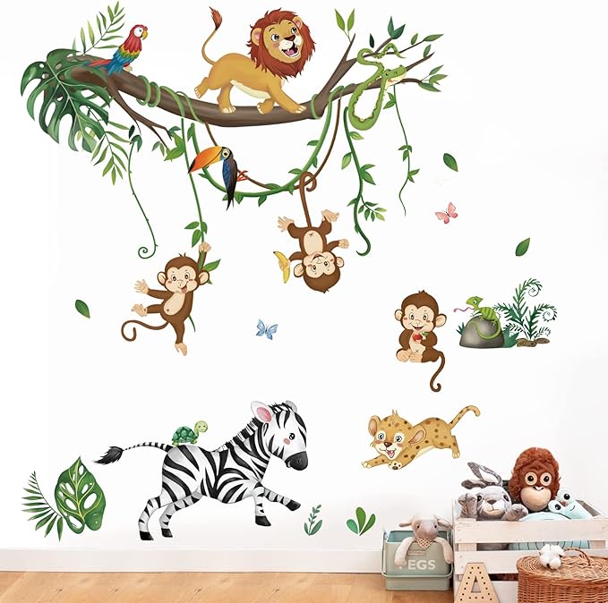 wondever Baby Safari Animal Wall Stickers Monkey Lion Jungle Animal ...