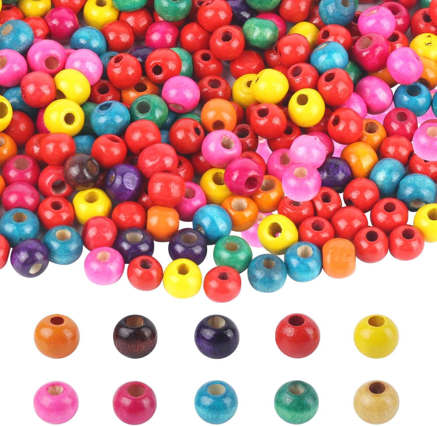 Lahnao 1000pcs Coloured Wooden Beads - 8mm Round Natural Threading ...