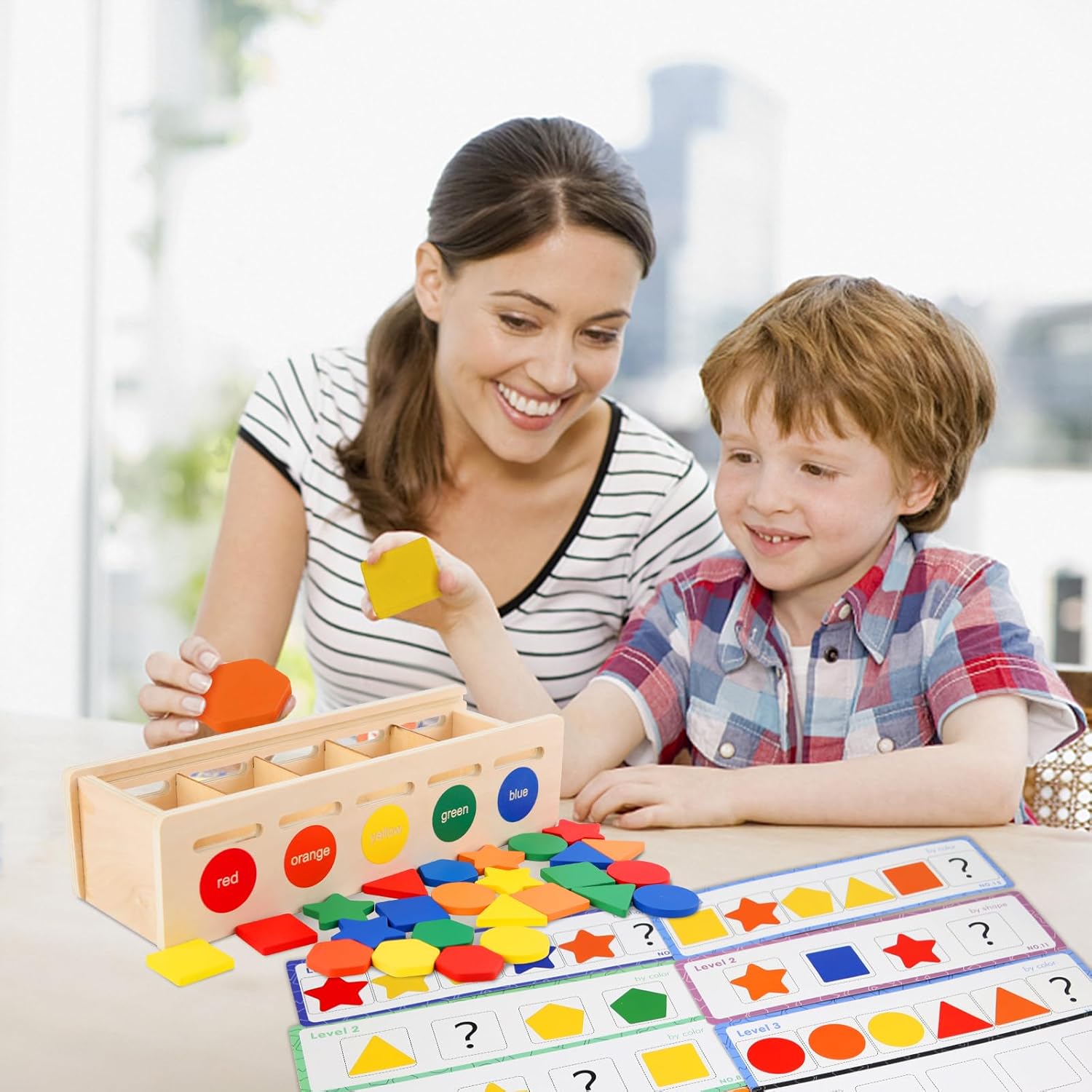 Caja de clasificación de forma de color de madera, juguetes Montessori ...