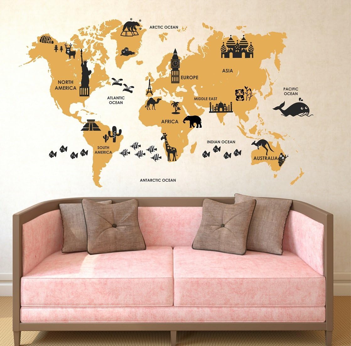 Decals Design 'World Map' Wall Sticker (PVC Vinyl, 90 cm x 60 cm, Black ...