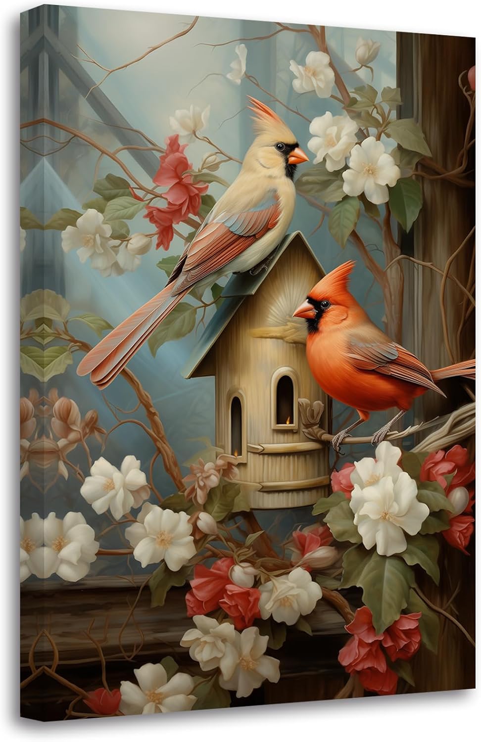 LZIMU Cardinal Canvas Wall Art Cardinal Bird with Vintage Flower ...