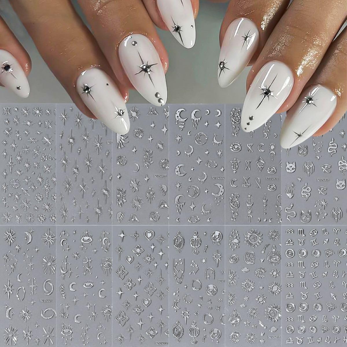 Amazon.com: 12 Sheets Silver Nail Art Stickers Star Nail Stickers Sun ...