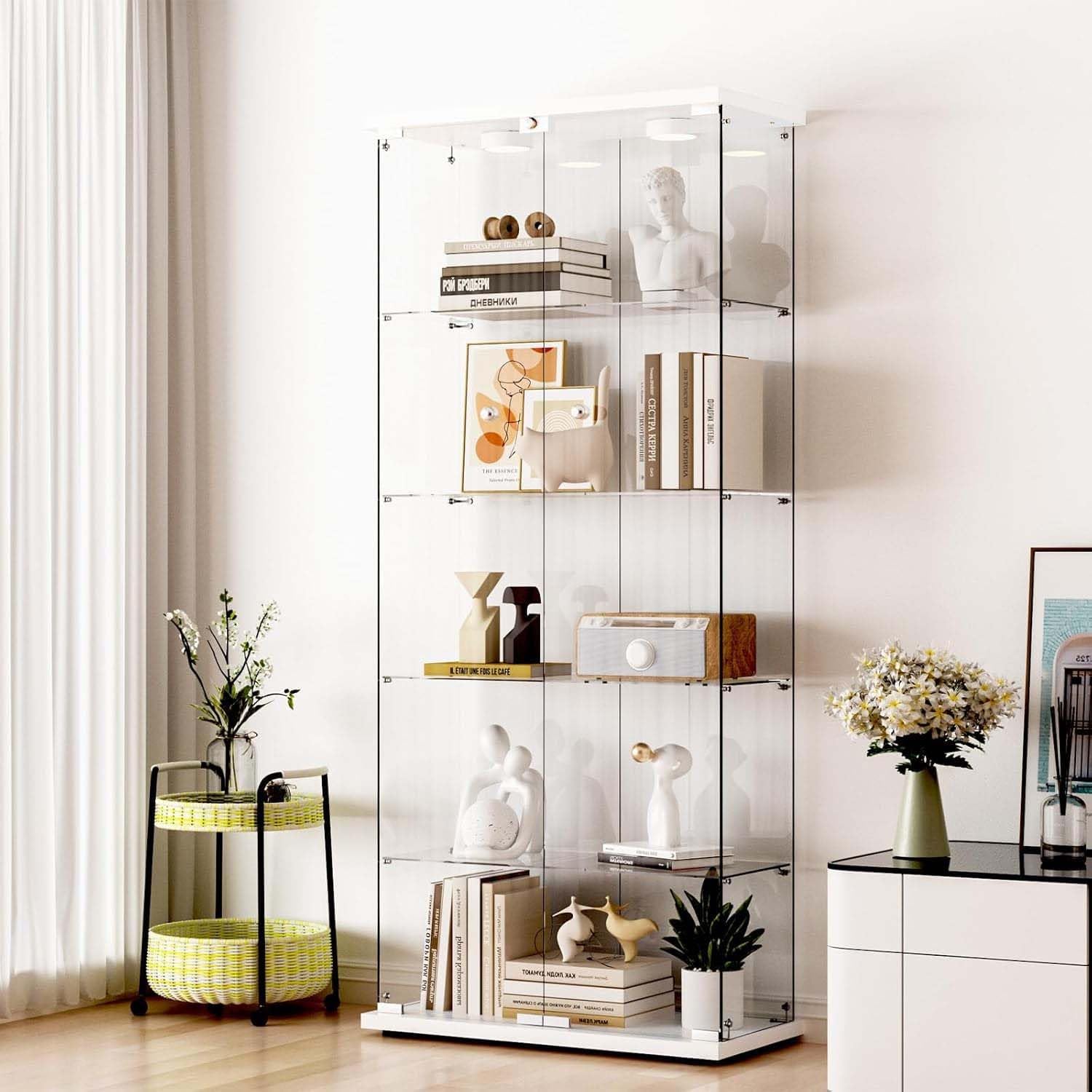 Amazon.com: SRJunidexor Glass Display Cabinet with LED Lights, 5-Shelf ...