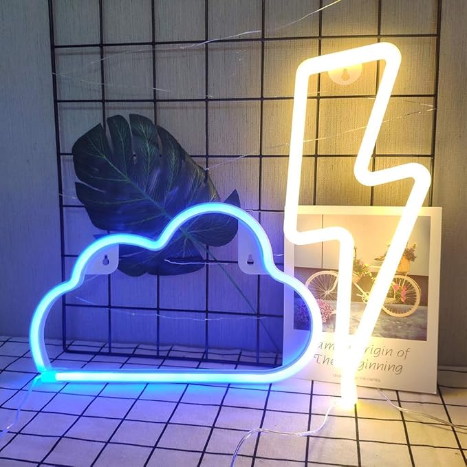 LED Neon Light Sign Blue Cloud Neon Sign and Warm White Lightning Neon ...