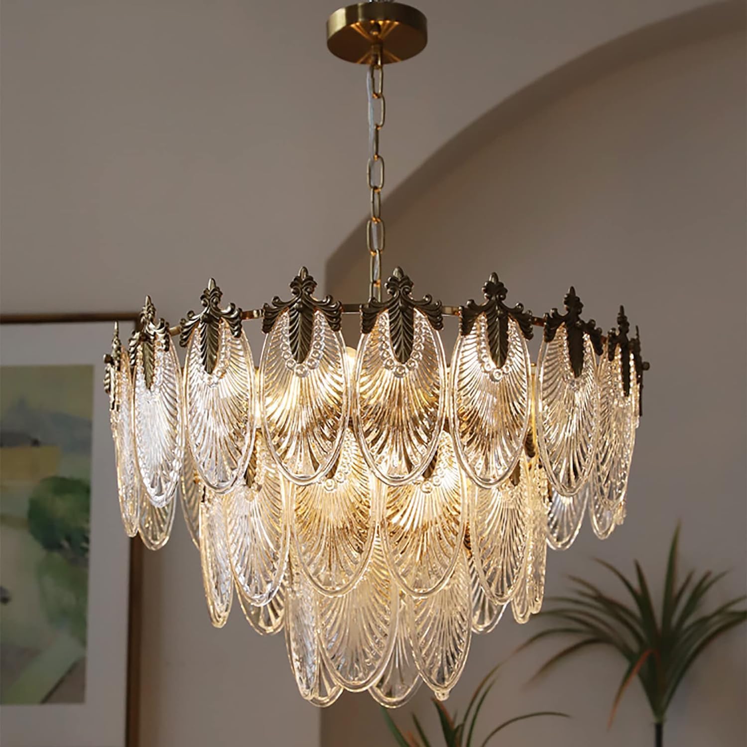 Antique Chandeliers 3-Layer Crystal Glass Chandelier, 9-Lights Round Pendant Light 23.5" Brushed ...
