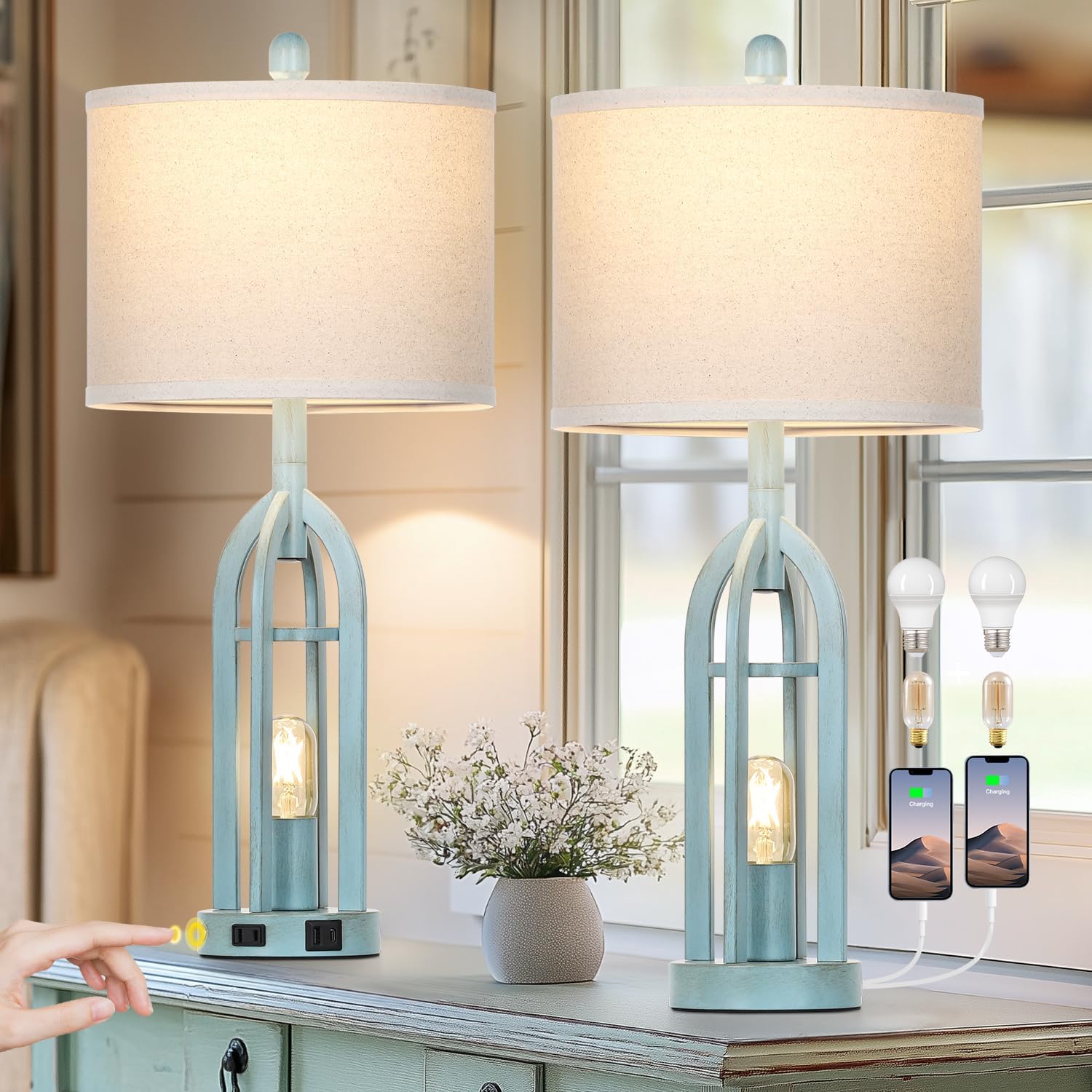 27" Farmhouse Table Lamps for Living Room,Blue Vintage Lamps Set of 2 ...