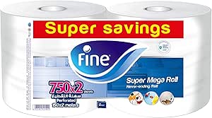 Fine kitchen paper towel roll, 750 sheets x 2 ply roll of 2, fine mega ...