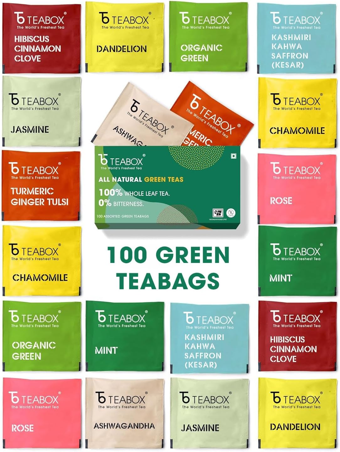 Amazon.com : Teabox Green Tea Sampler Bags 100pcs (10pcs X 10 flavors ...