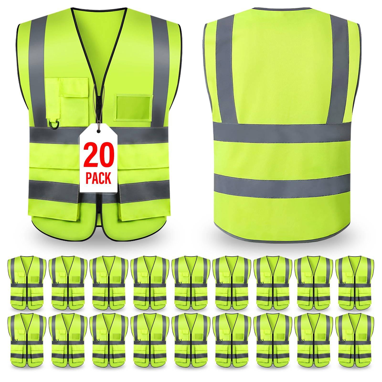 Safety Vests 20 Pack,Hi Vis Vest Reflective Vest with 5 Pockets and ...
