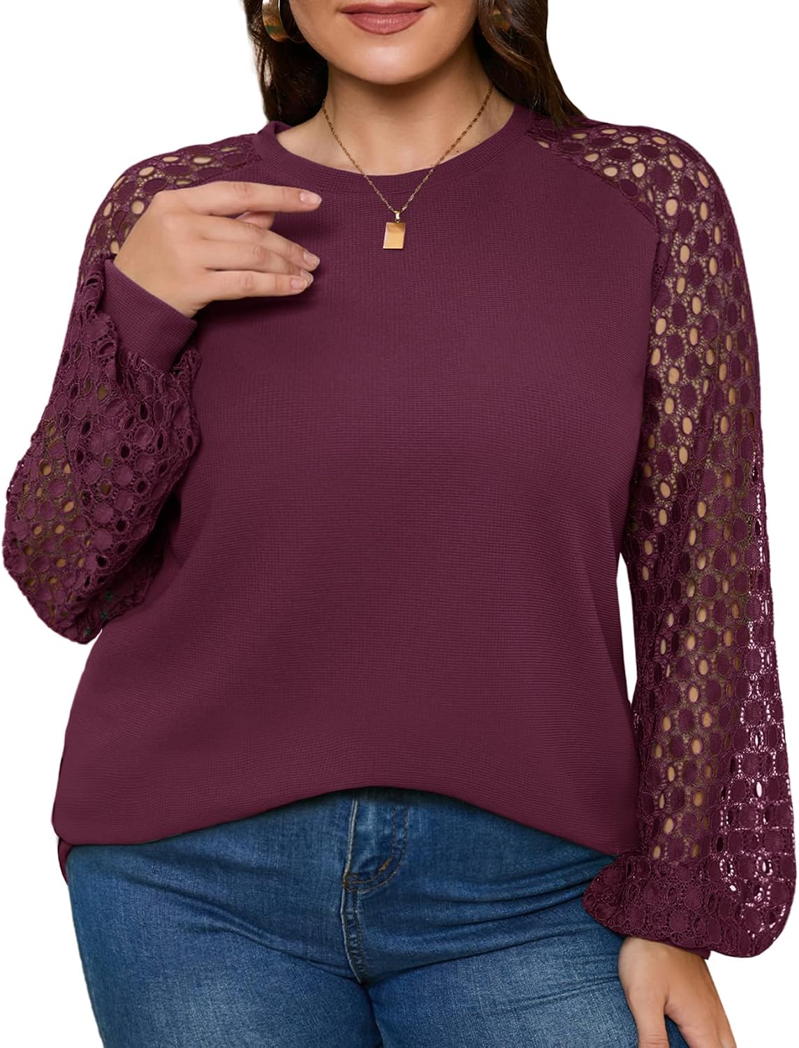 ZOMVA Women's 1X-4X Plus Size Waffle Knit Fall Tops Lace Long Sleeve ...
