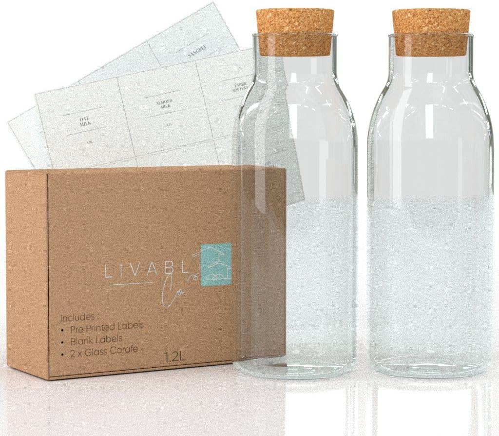 Livabl Carafe 2 Pack (1.2Litre) with Cork lid and Labels, Wine Carafe ...