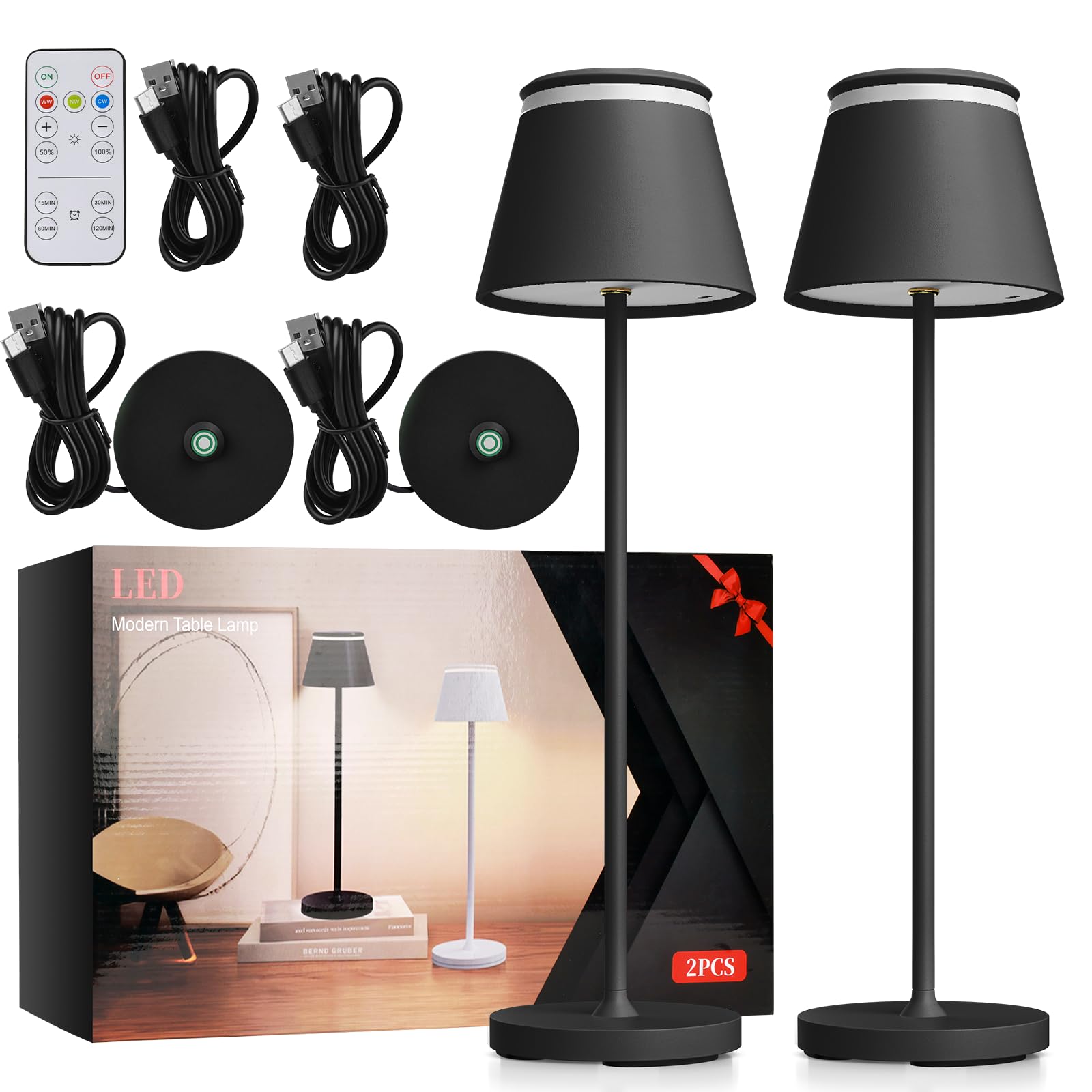 Cordless Table Lamps Set of 2 | USB Charging or Rechargeable Base | LED ...