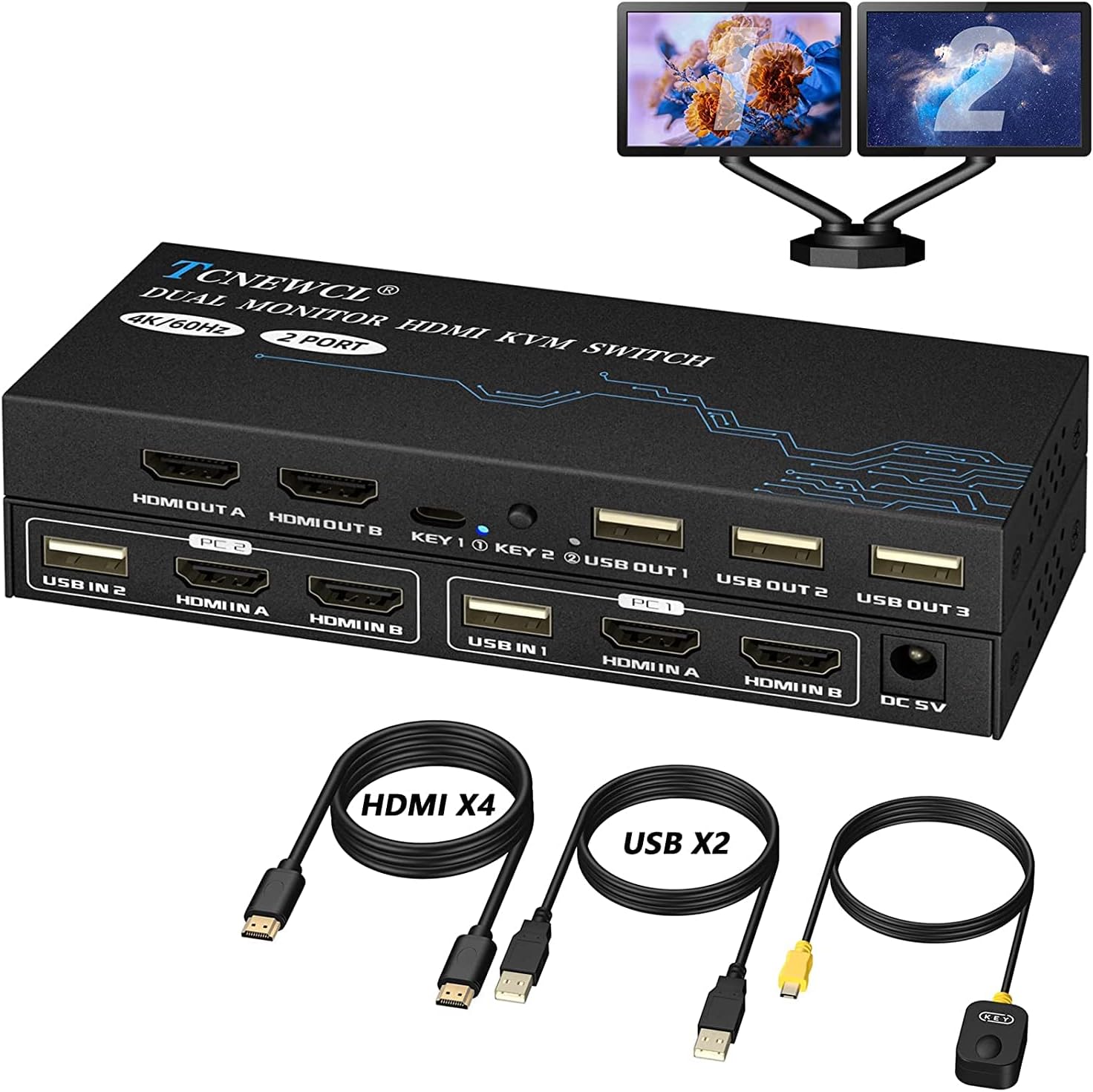 Amazon.com: KVM Switch 2 Monitors 2 Computers, 4K@60Hz Dual Monitor ...