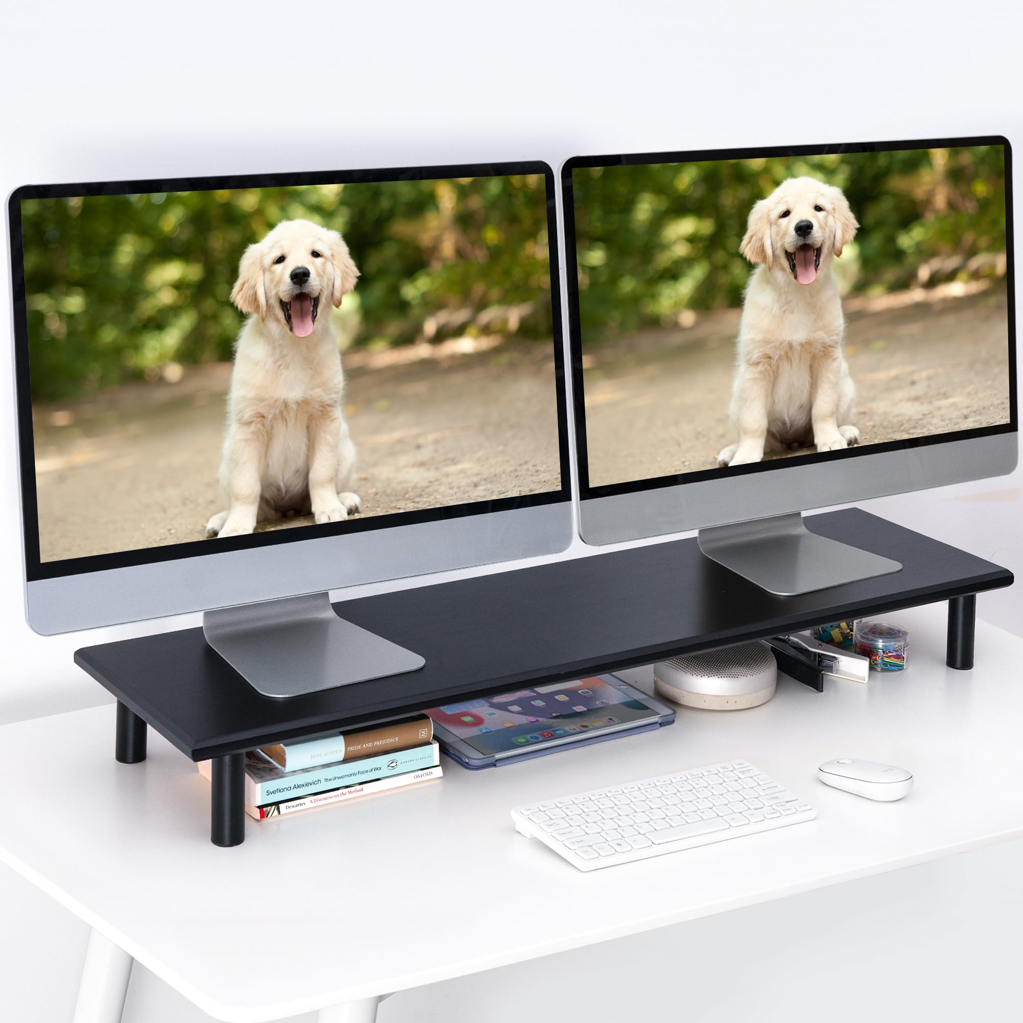ROCDEER Bamboo Dual Monitor Riser with Adjustable Height for Laptop ...