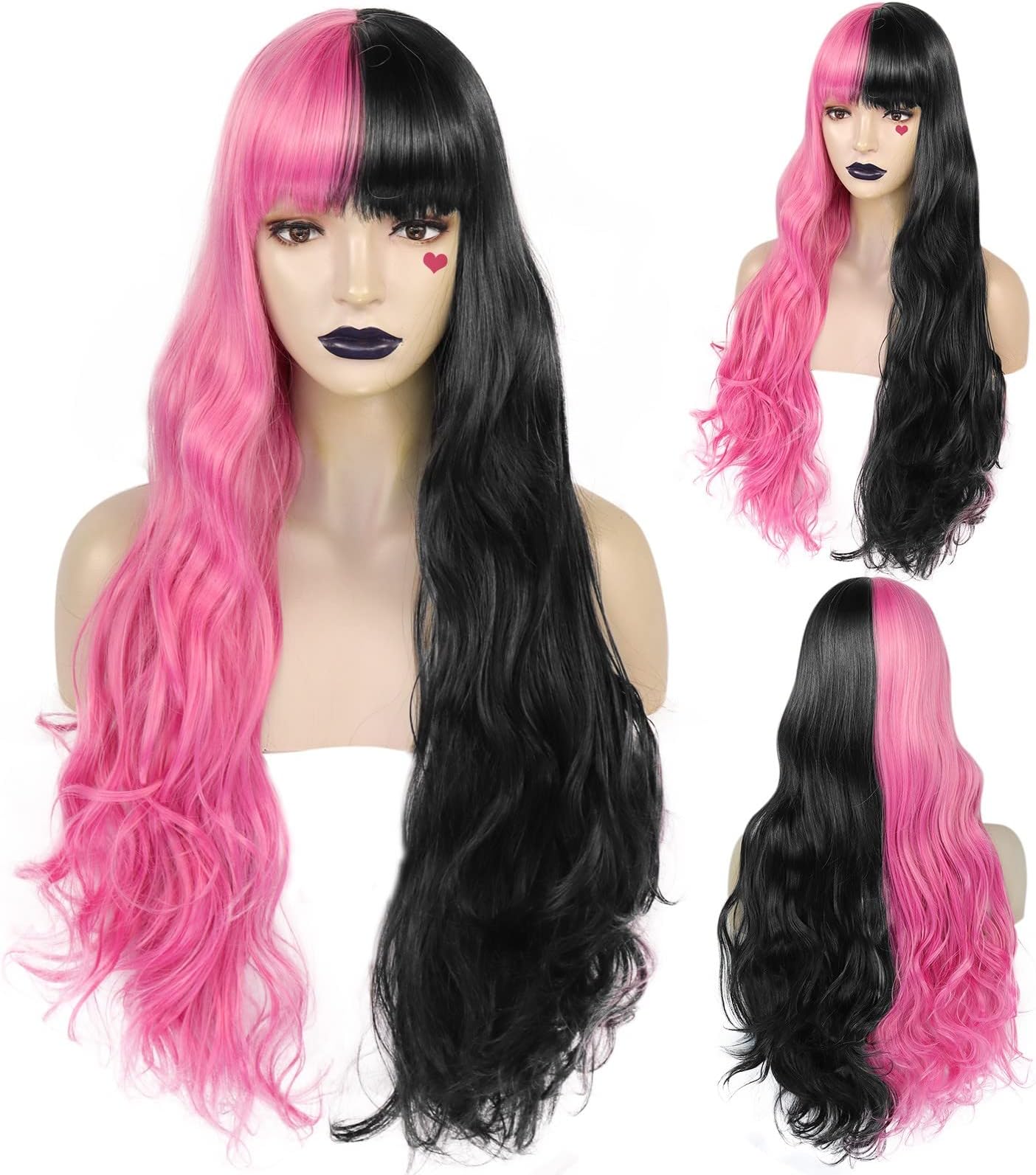 Amazon.com: Ebingoo Pink and Black Wig with Bangs for Women + Wig Cap ...