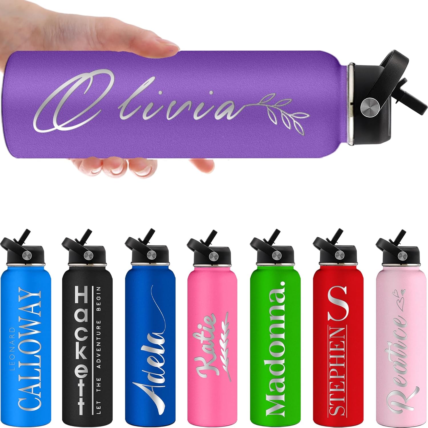 Amazon.com: MOUZYLCASE Personalized Water Bottles with Straw Lid 24 oz ...