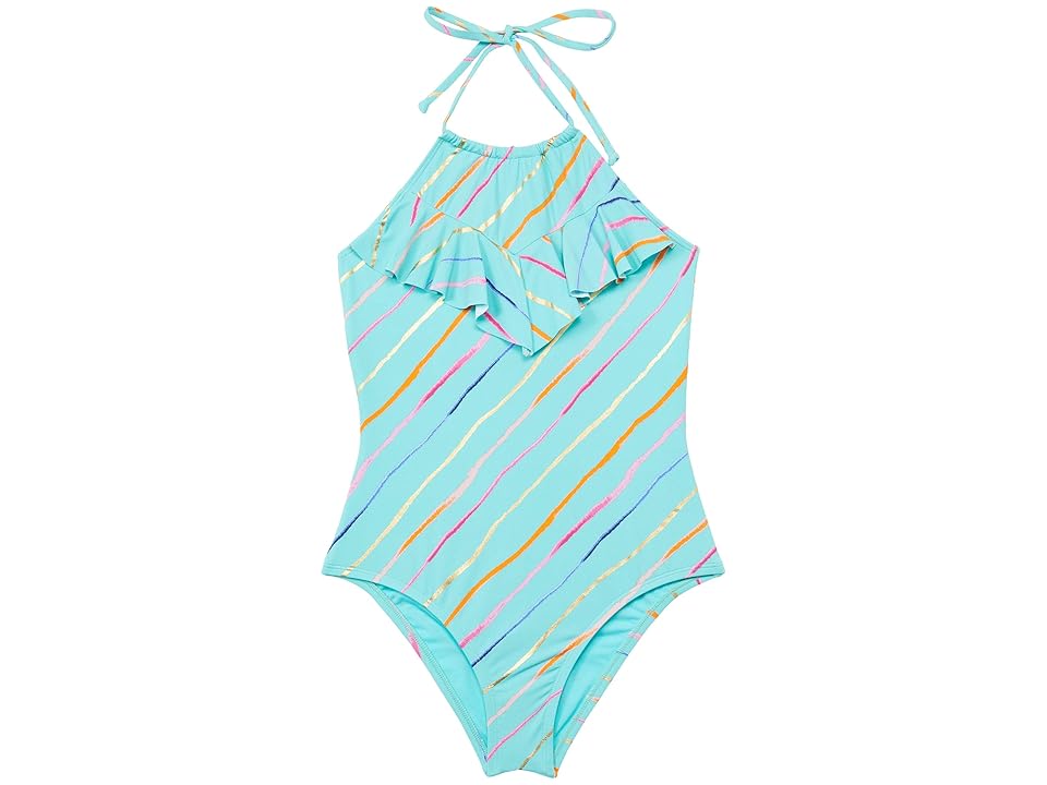 Hobie Kids Rip Tide Stripe Ruffle High Neck One-Piece Swimsuit (Big Kid ...