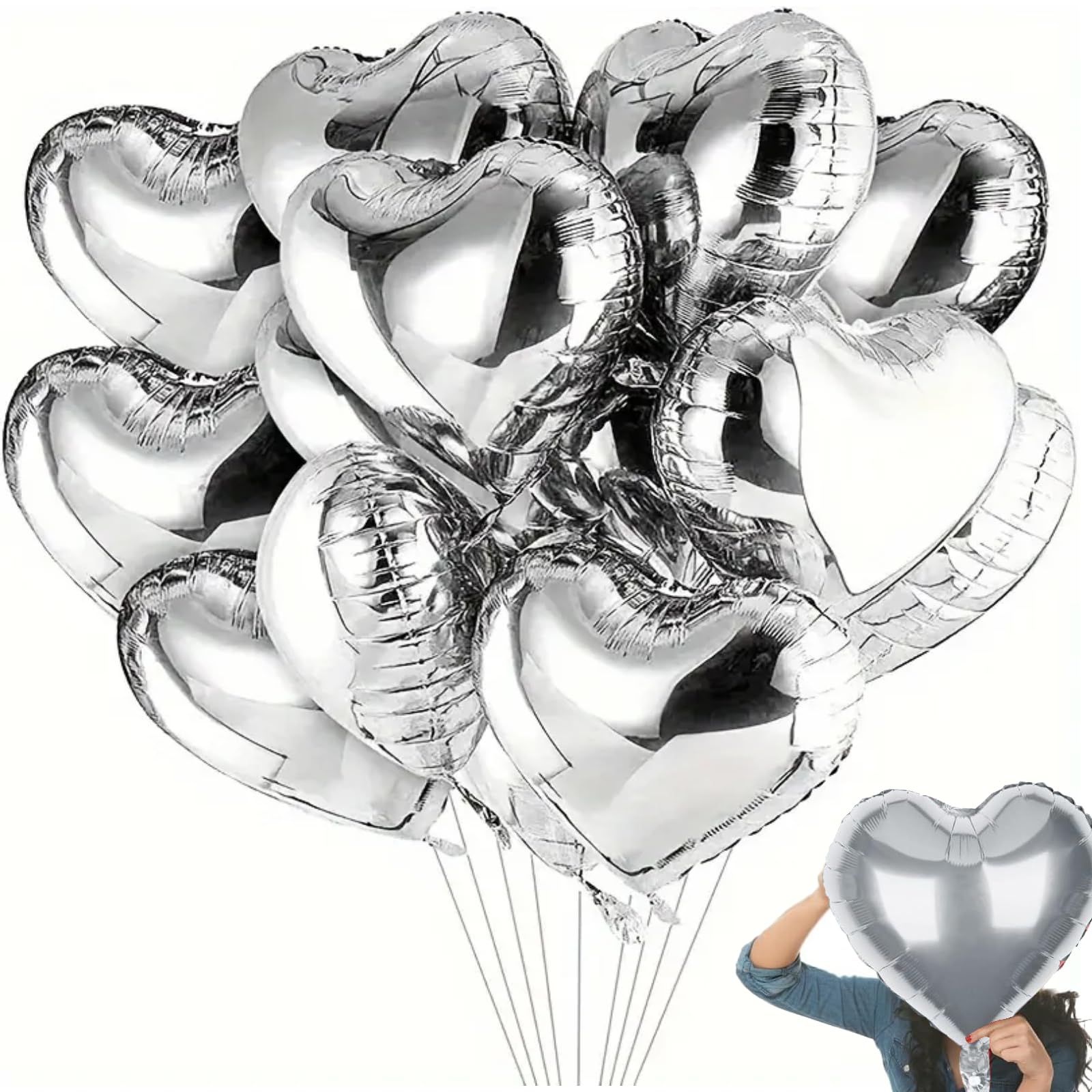 50Pcs Silver Heart Balloons, 10Inch Foil Love Heart Balloons, Helium ...