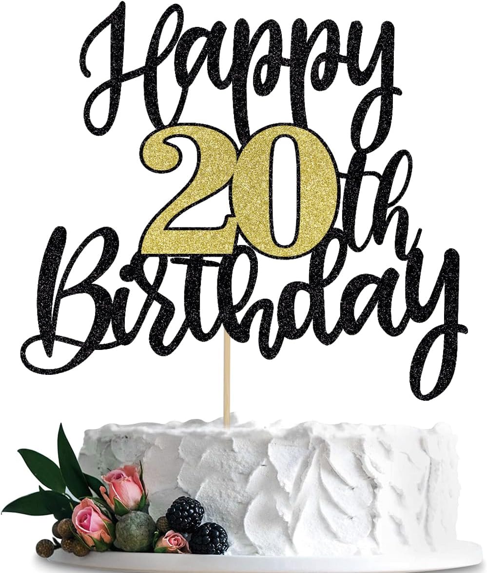 Amazon.com: BIABISD Happy 20th Birthday Cake Topper for Black Gold ...