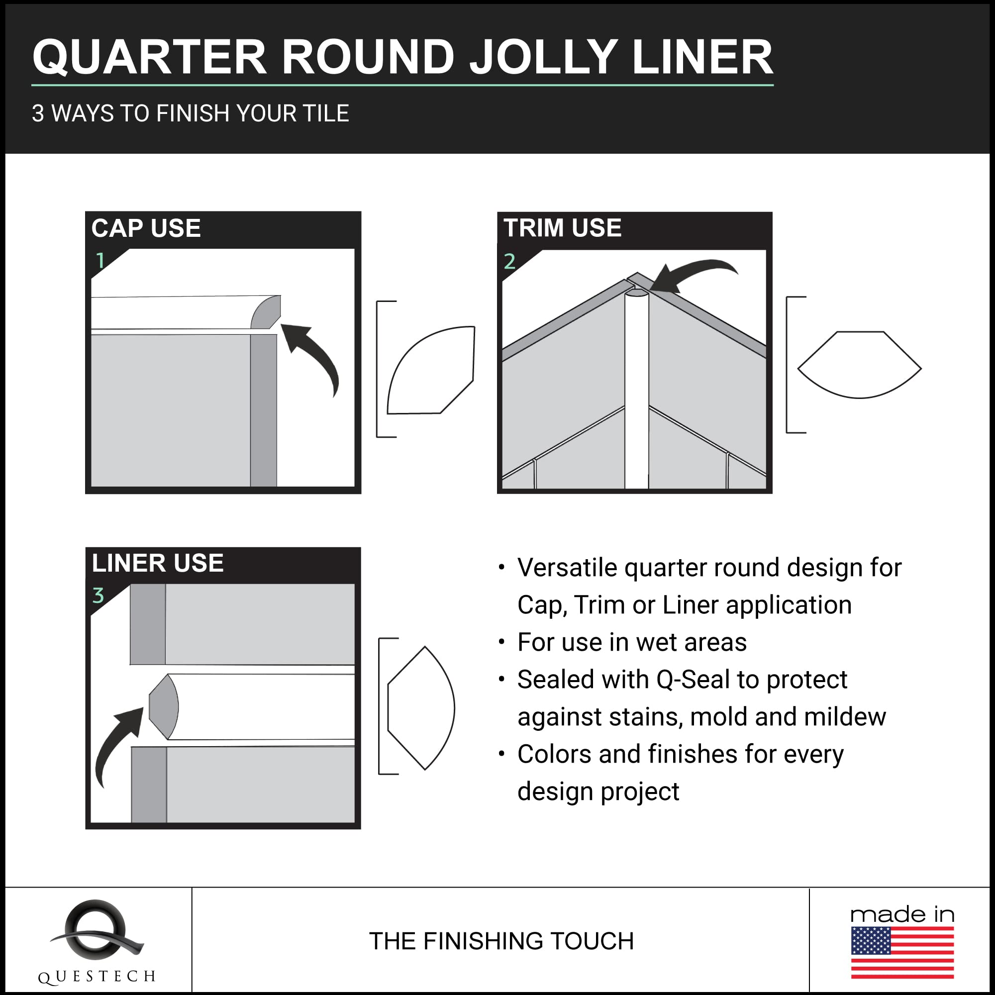 Questech Quarter Round Tile Liner, 1/2 x 12 inch Jolly Tile Edge Trim ...