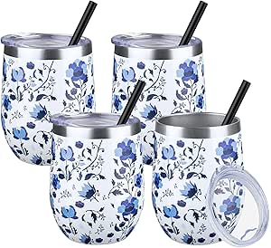 Amazon.com | 12 oz Insulated Wine Tumbler with Lid and Straw,Stainless Steel Stemless Wine ...