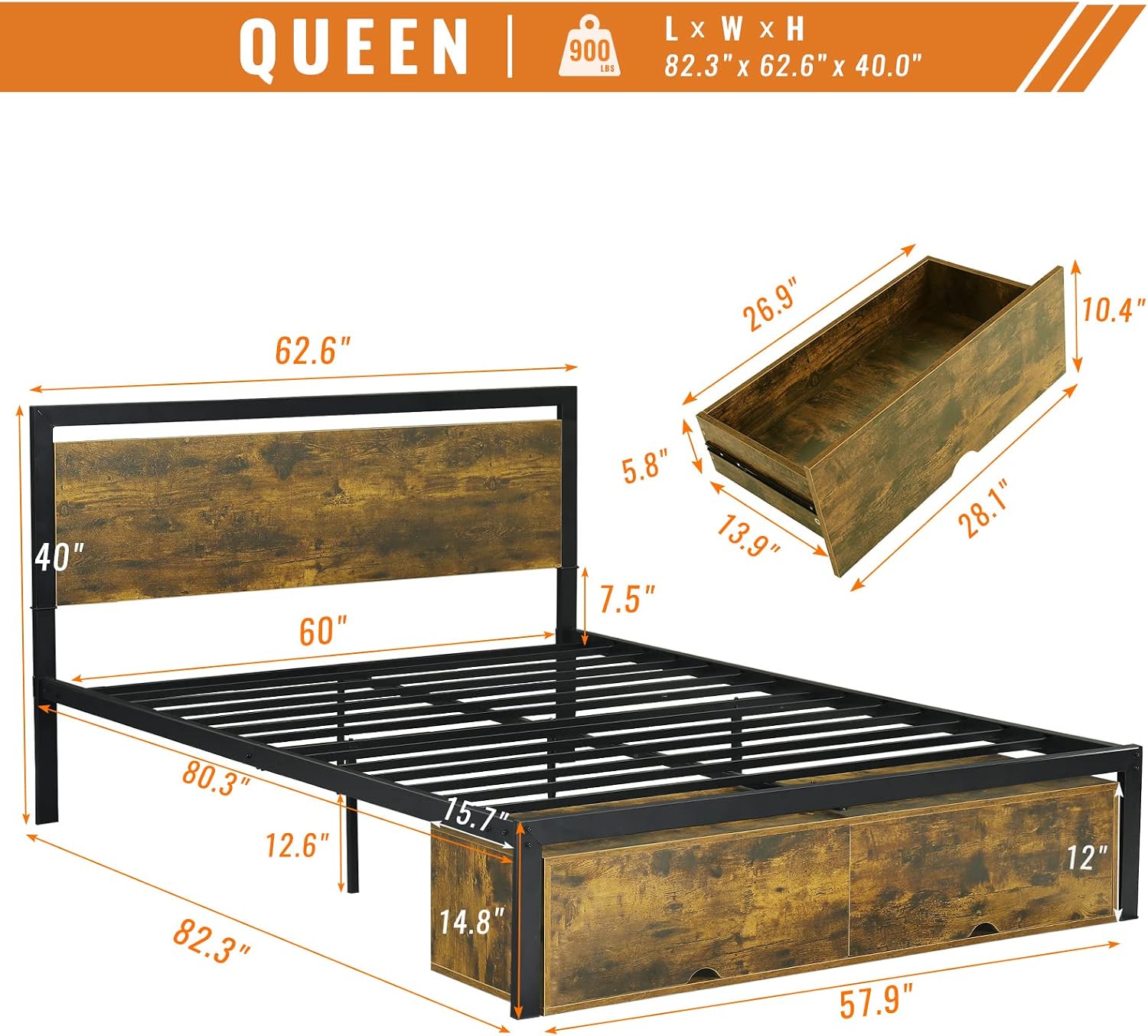 DICTAC Queen Bed Frame with Headboard and 2 Drawers Philippines | Ubuy